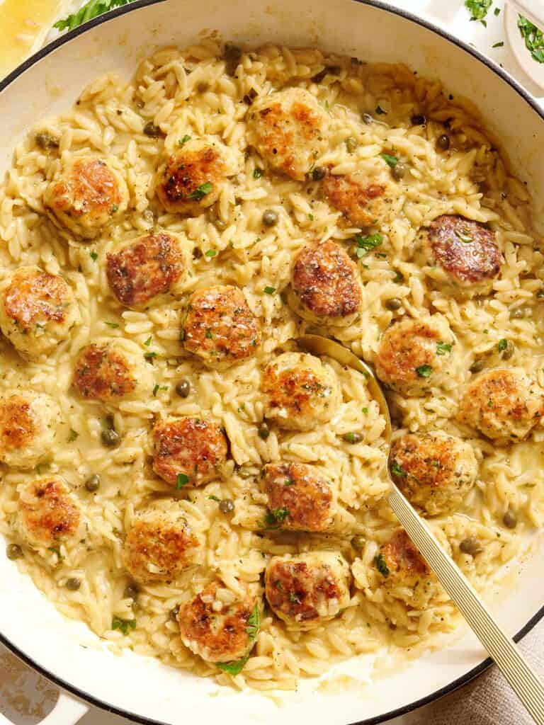 Chicken Piccata Meatballs and Orzo Skillet - Budget Bytes
